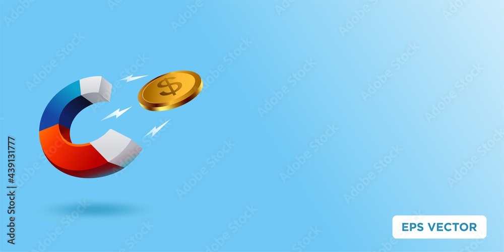 magnet attracts coin. magnet and money golden coin vector in 3d ...