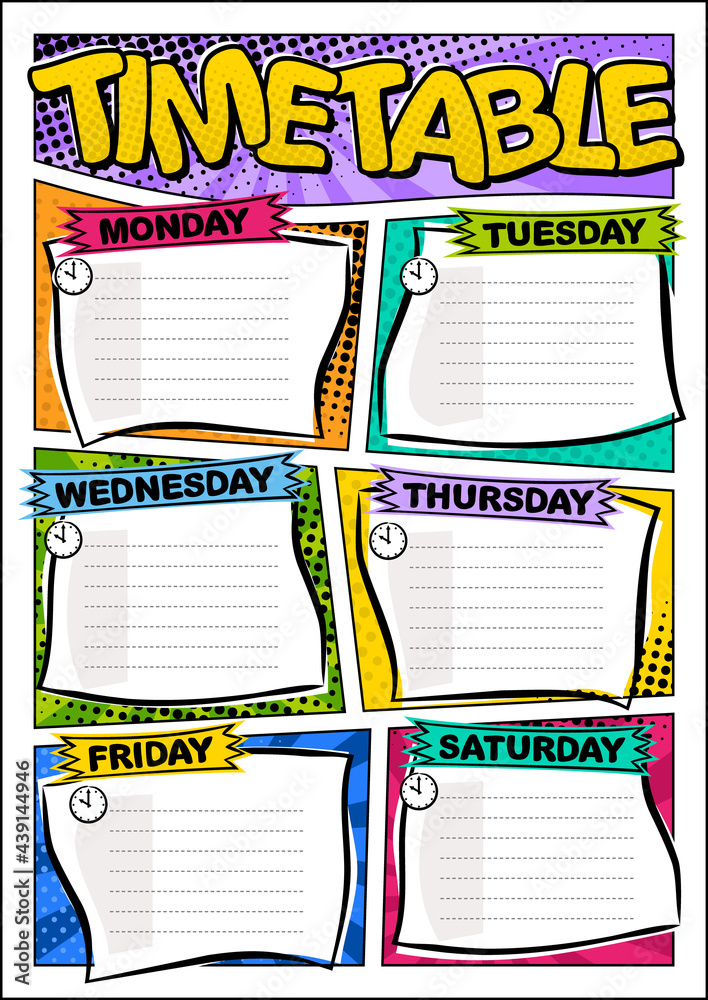 Comic template of a school schedule for 6 days of the week. Cartoon ...