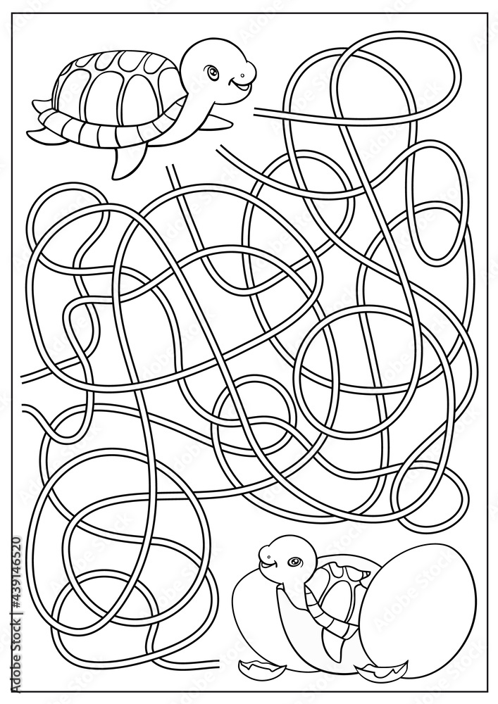 Maze game and coloring with cute turtles. Cartoon labyrinth education ...