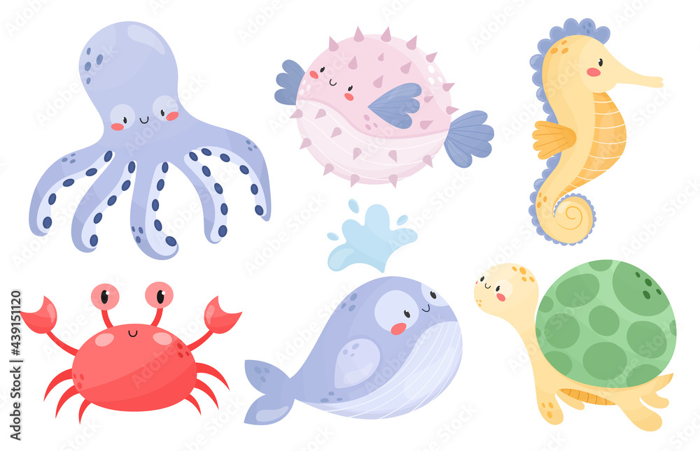 Collection of cute sea animals. Octopus, Pufferfish, Seahorse, Crab ...