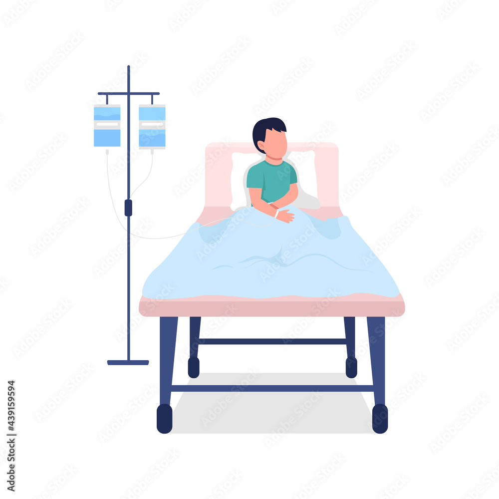 Kid in hospital bed semi flat color vector character. Sick child figure ...