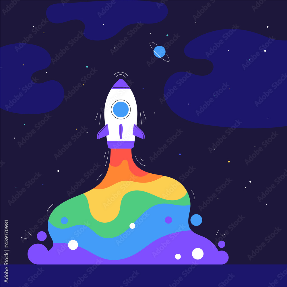 Spaceship launch. Rocket flying up with rainbow trail. Stars in the ...