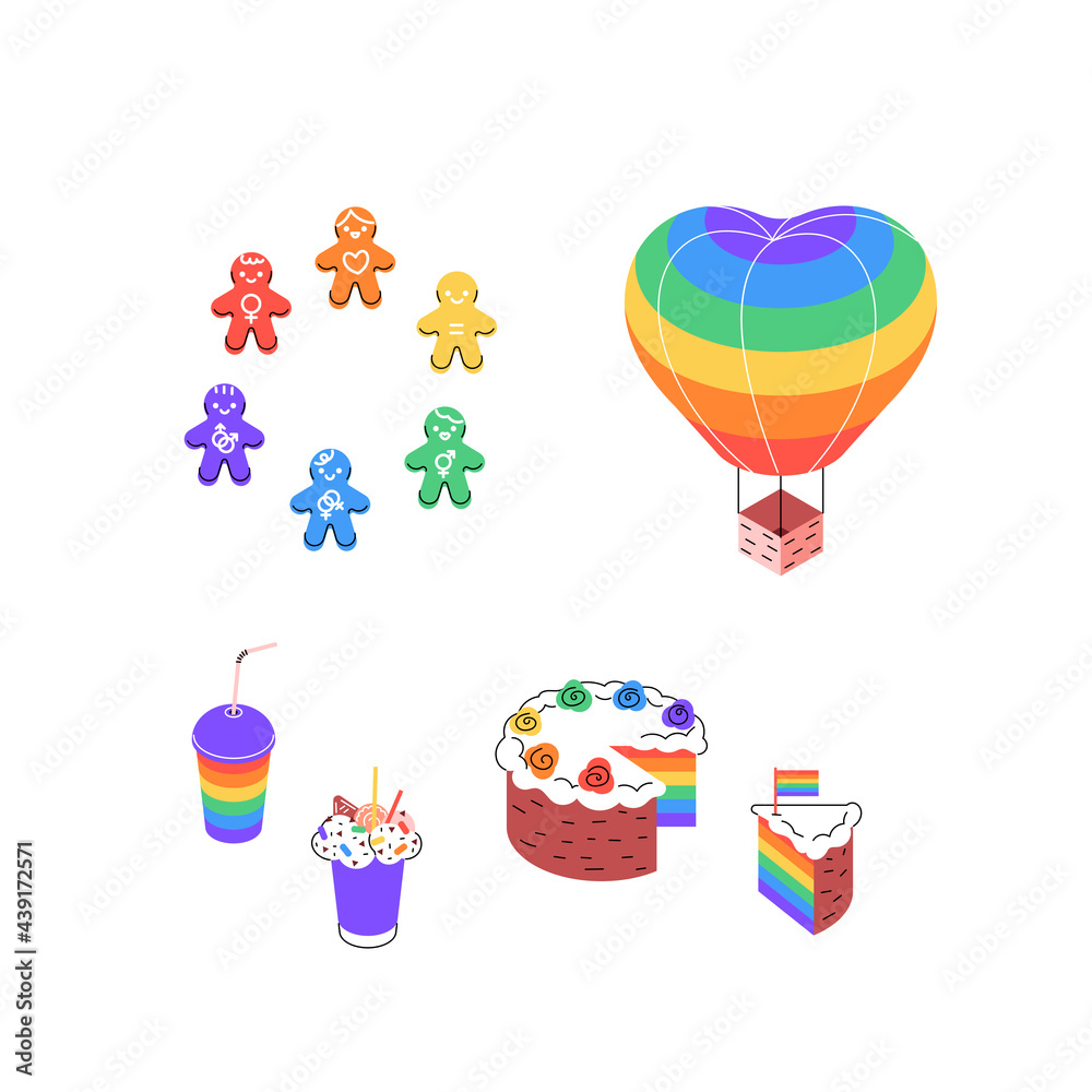 Collection of pride flag objects. Rainbow sweets, rainbow cookies ...