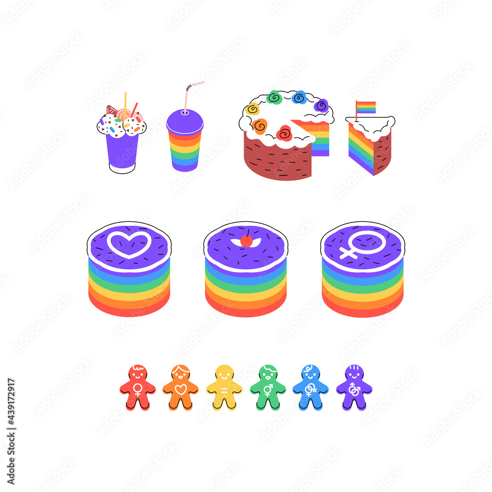 Set of pride flag sweets. Rainbow cakes, rainbow cookies, rainbow ...