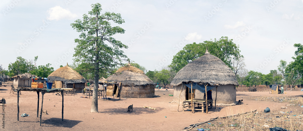 African village bush grass huts north Ghana Panorama. Northern region ...