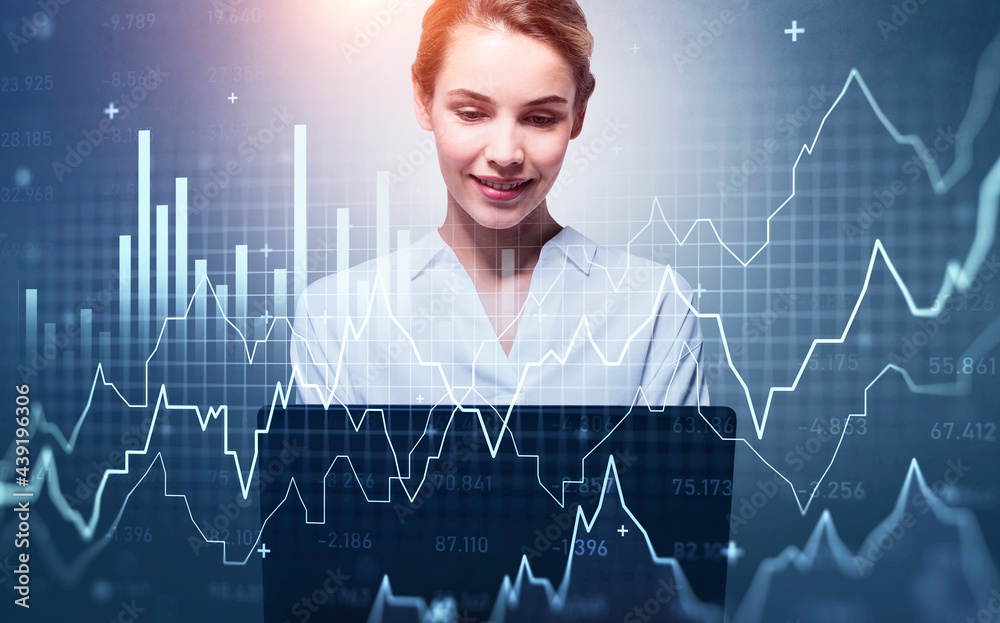 Portrait of smiling trader businesswoman who is carrying out a research ...