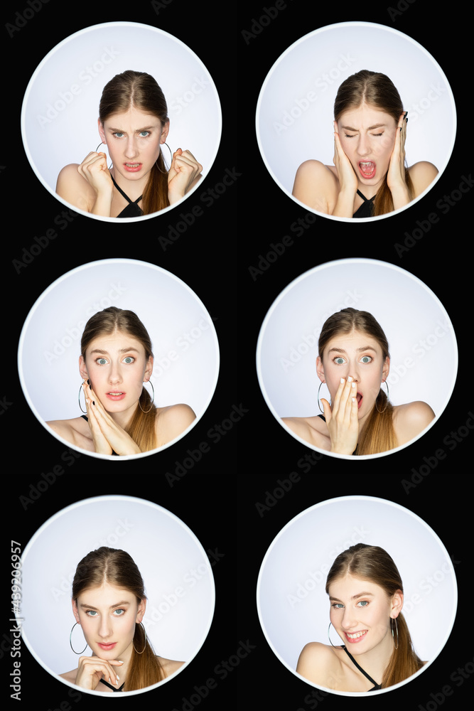 Face collage. Mood swing. Different emotion collection. Positive and ...