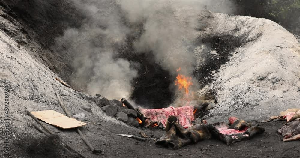 Vídeo do Stock: Curing burning goat animal skin hides over fire pit ...