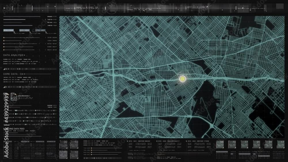 Futuristic digital city map layout with satellite GPS coordinate ...