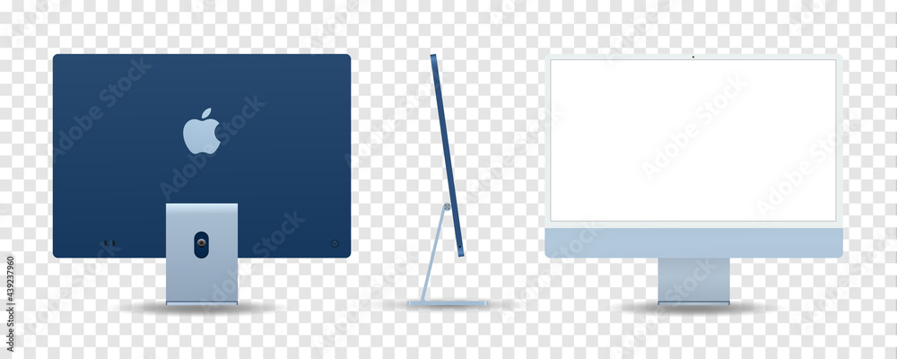 Vinnytsia, Ukraine - June 10, 2021 Newly released iMac 2021 blue color ...
