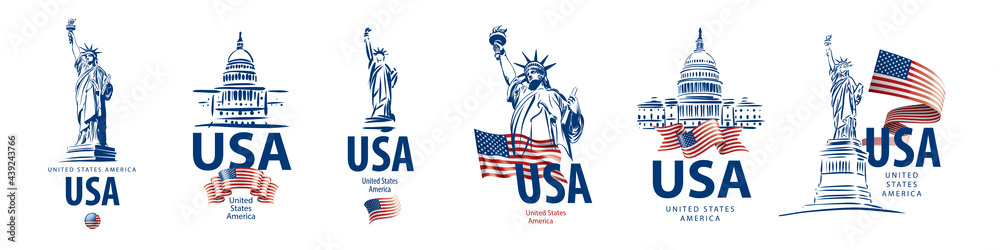 Vector set of signs of the Statue of Liberty and the White House of the ...