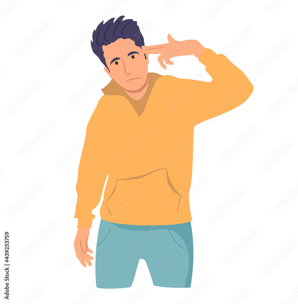 Man put an imaginary gun to his head. Boy shoot his head by hand ...