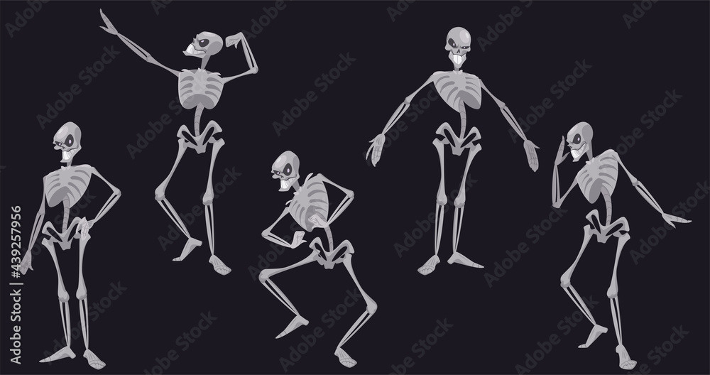 Human skeleton character in different poses isolated on black ...