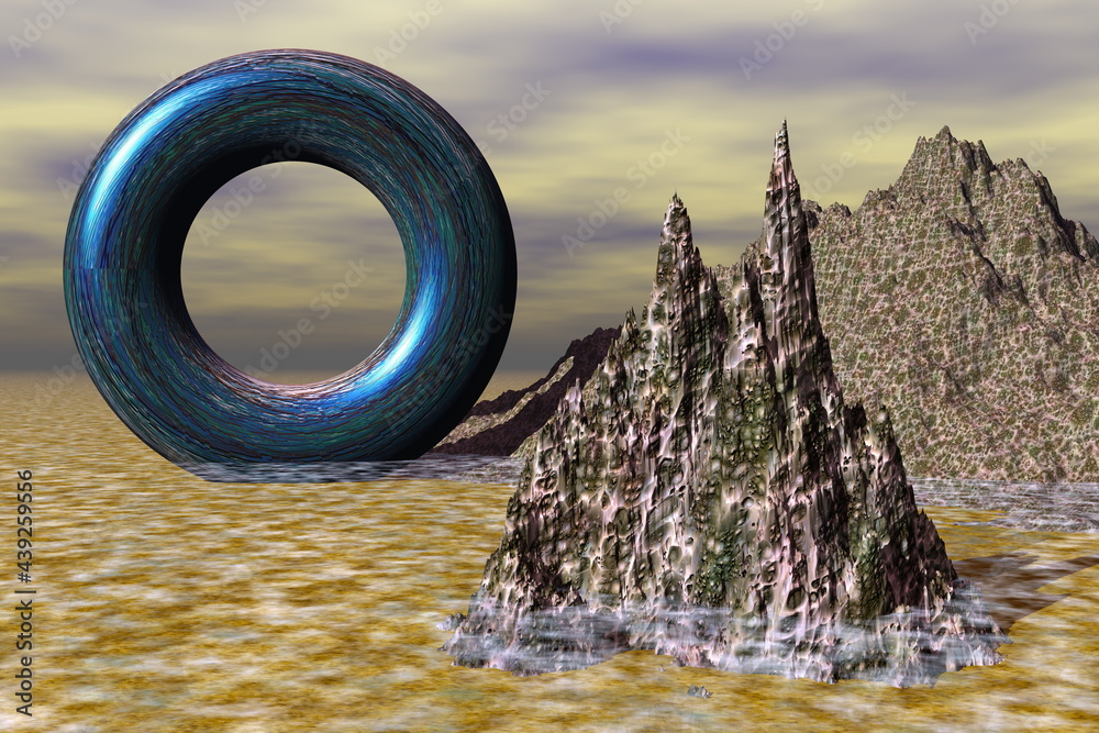 3D surrealism scene blue ring and rocks in futuristic landscape Stock ...