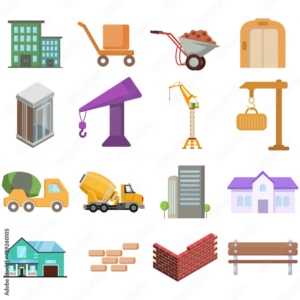 Building vector clip art set with house excavator elevator lift crane ...