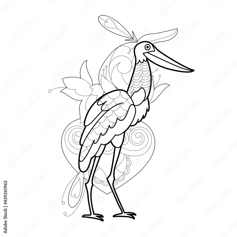 Contour linear illustration with bird for coloring book. Cute jabiru ...