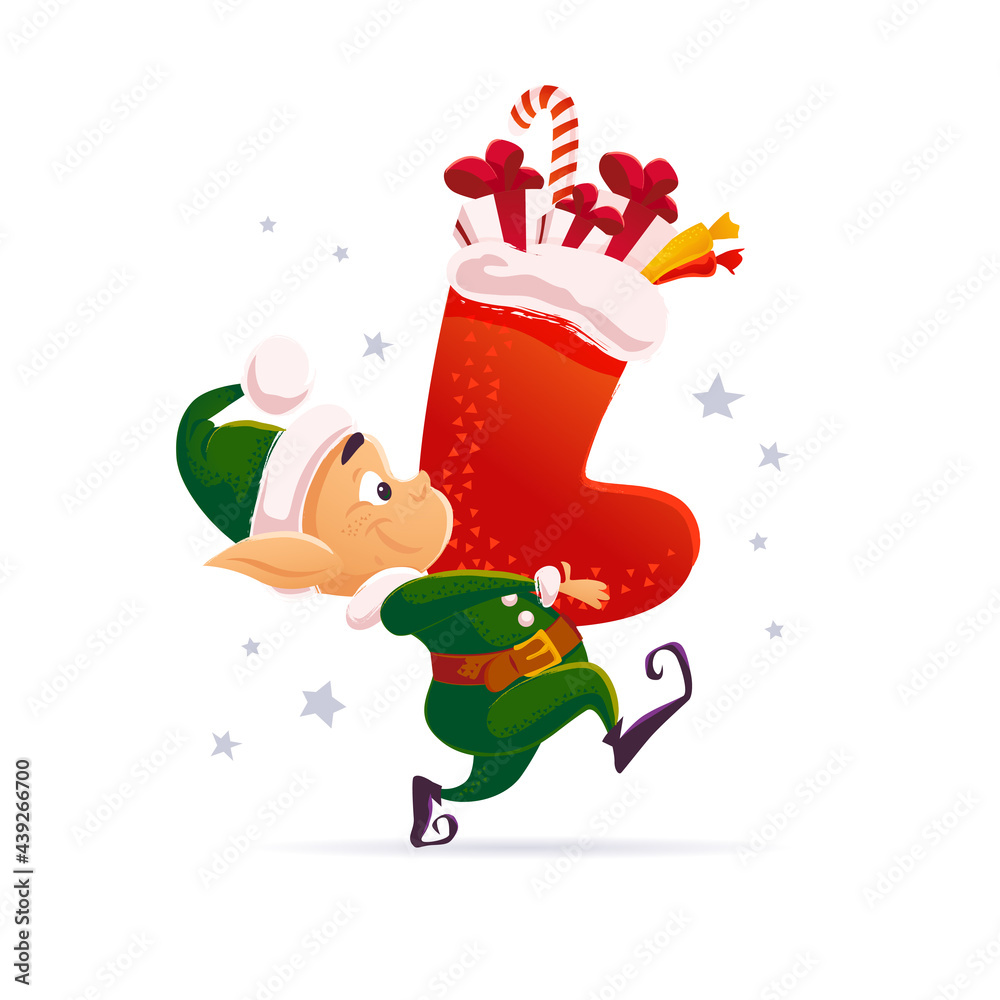 Vector cartoon illustration with funny santa elf character carry big ...