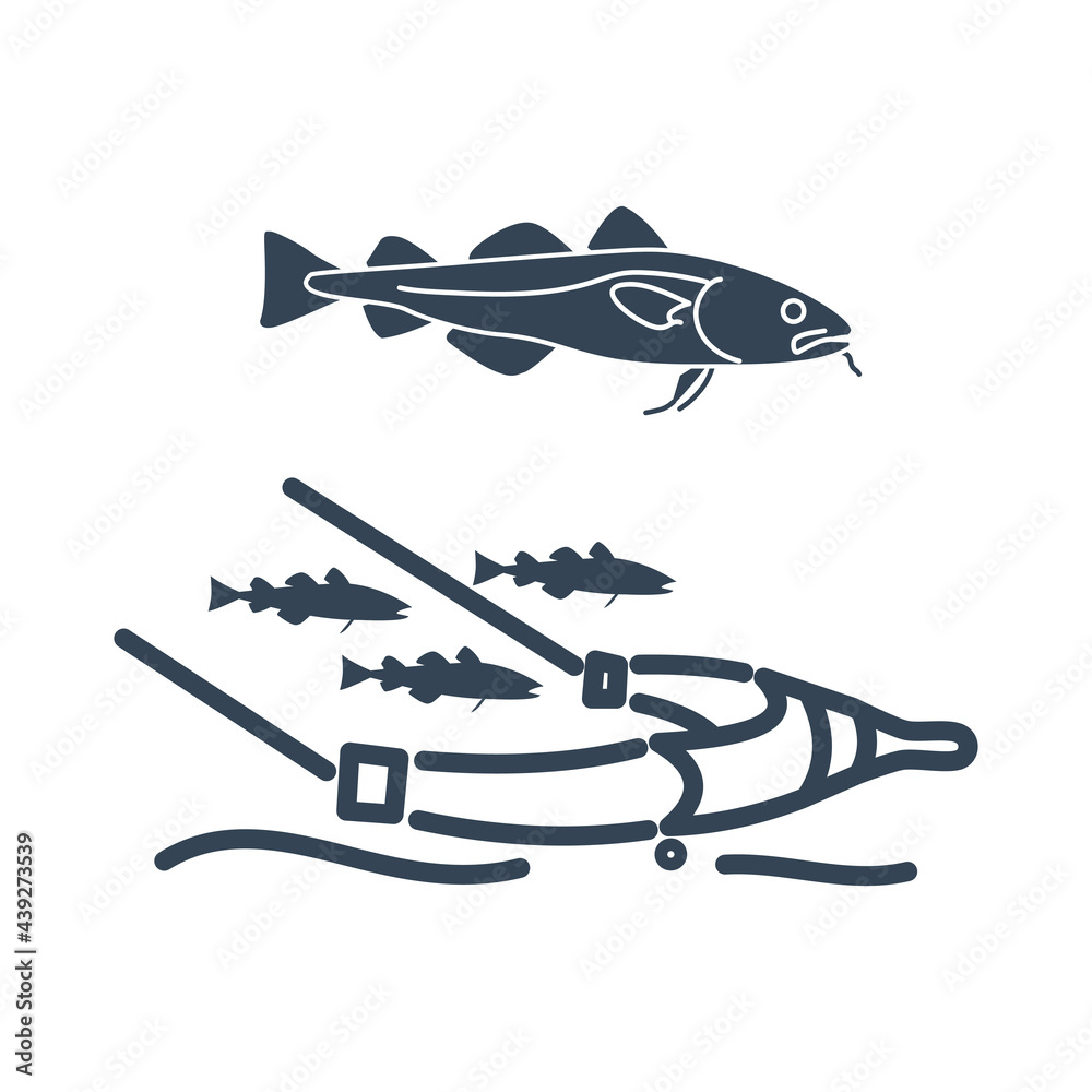 Vector black icon cod in a fishing net, trawl Stock Vector | Adobe Stock