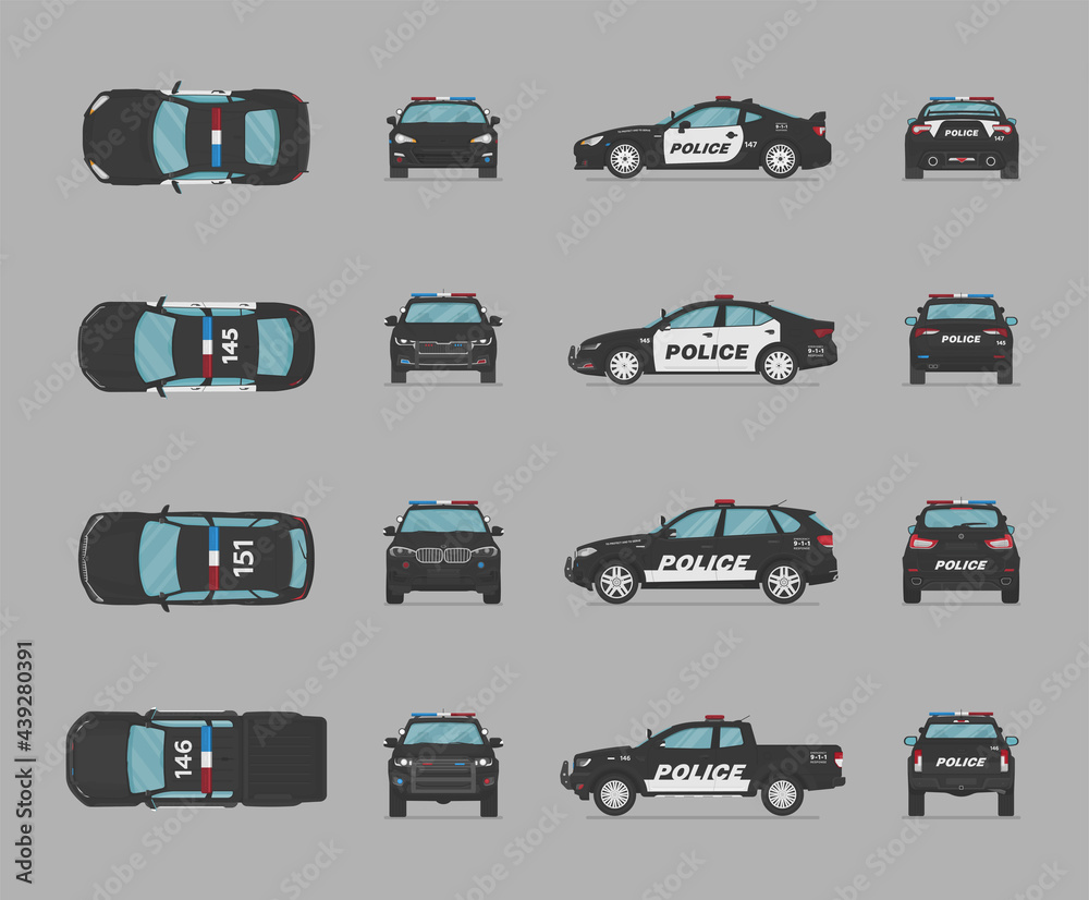 American police cars. Side view, front view, back view, top view ...