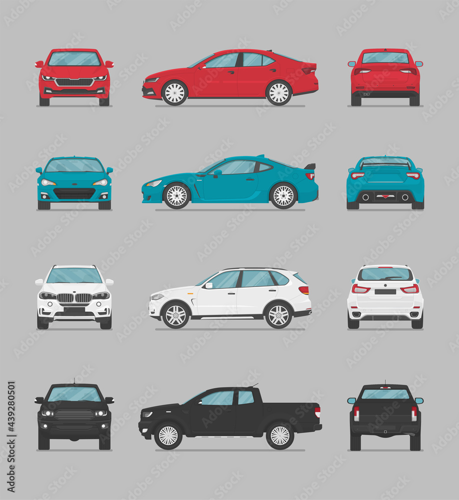 Vector cars. Side view, front view, back view, top view. Cartoon flat ...