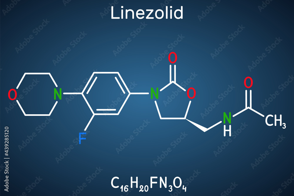 Linezolid molecule. It is synthetic antibiotic used for treatment of ...