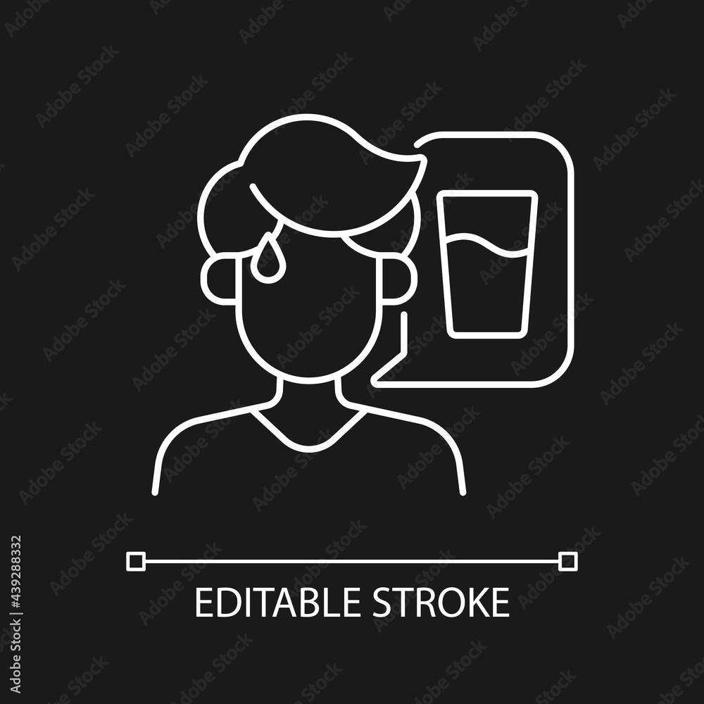 Thirst white linear icon for dark theme. Dehydration symptom during ...