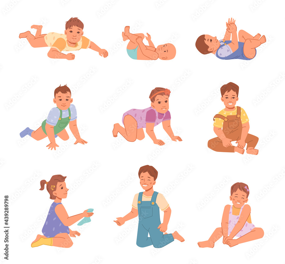 Laying and crawling baby boys and girls, isolated growing kids. Males ...