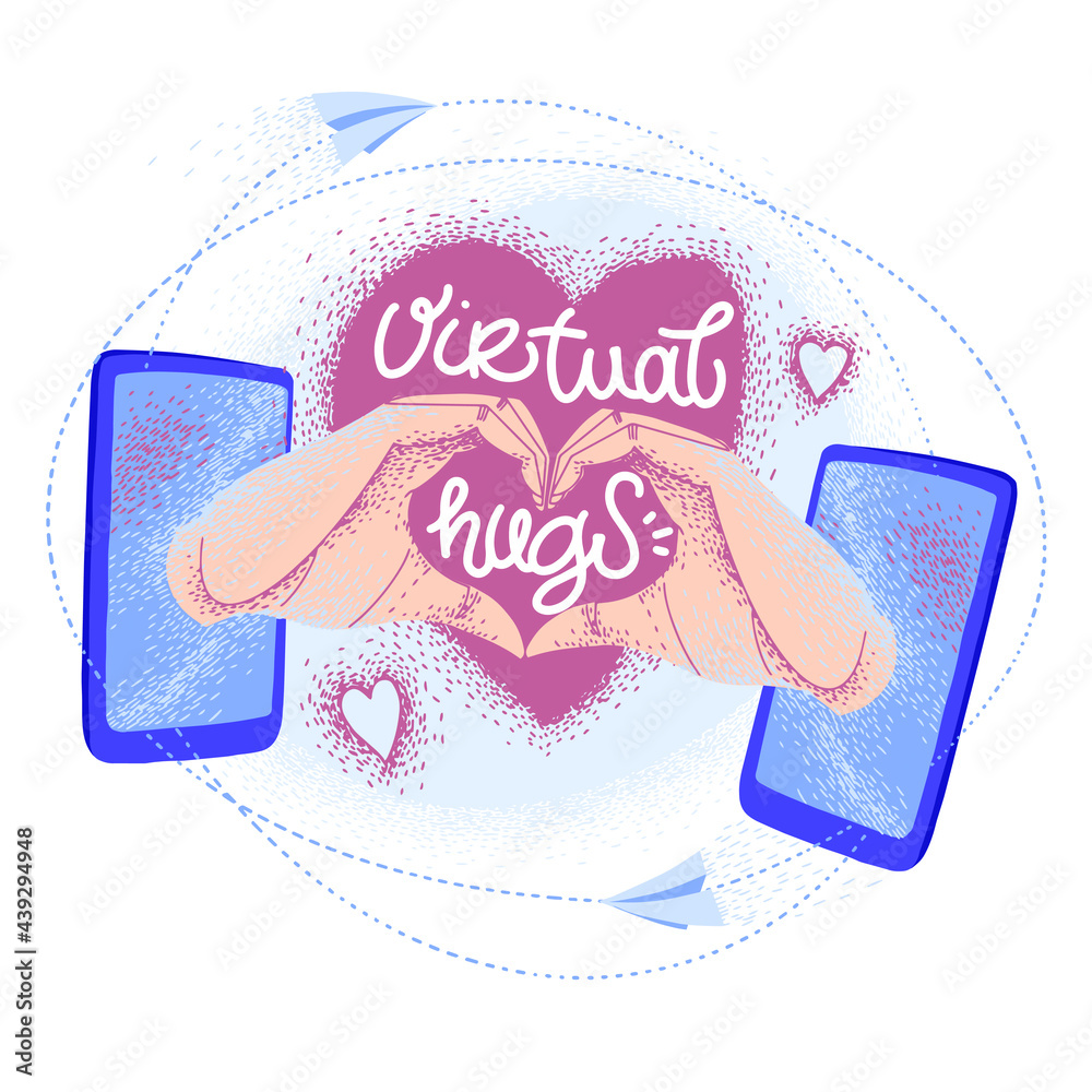Virtual hugs icon, vector modern calligraphy with phones, hands and ...