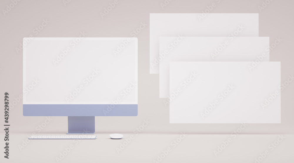 Colored computer screen mockup with blank screen and floating slides ...