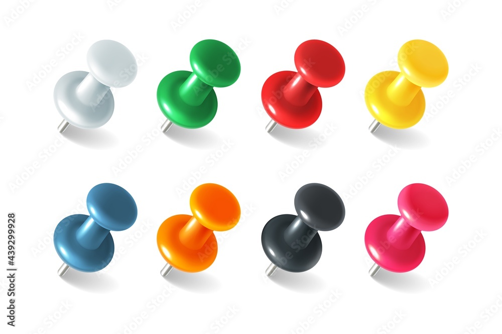 Pins tacks. Realistic pushpins. Isolated map markers. 3D pointer ... Pins tacks. Realistic pushpins. Isolated map markers. 3D pointer ...