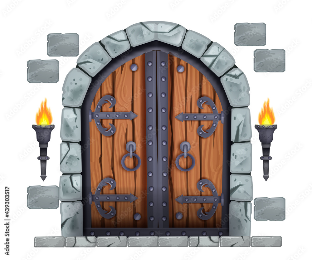 Castle wooden gate, medieval vector double door, stone arch, fire torch ...