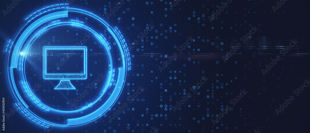 Abstract glowing computer interface on dark background with binary code ...