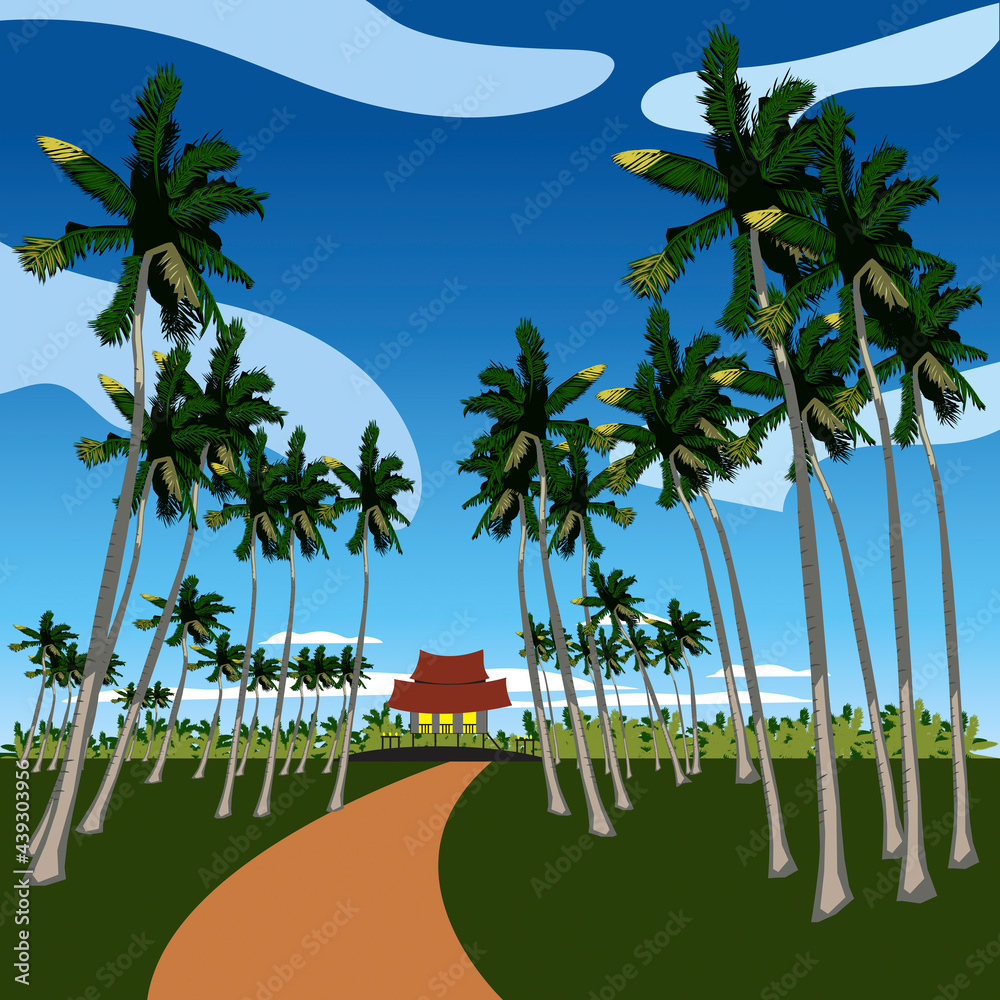 Vector illustration with traditional malay village house or Kampung ...