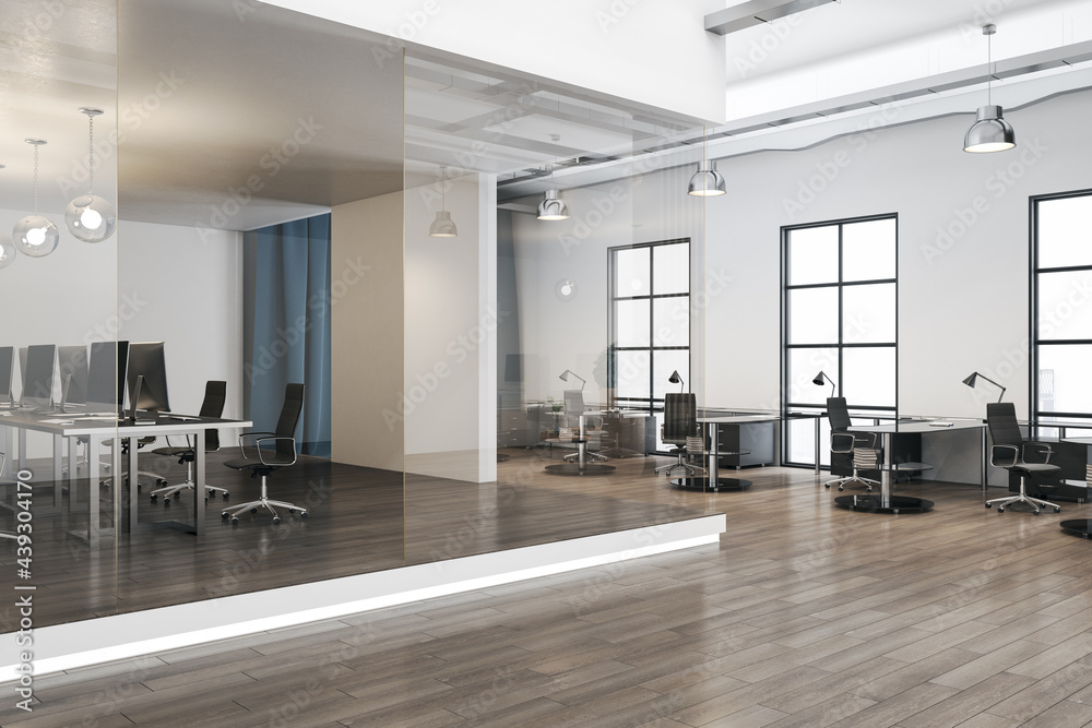 Modern sunny spacious office hall with minimalistic interior design ...