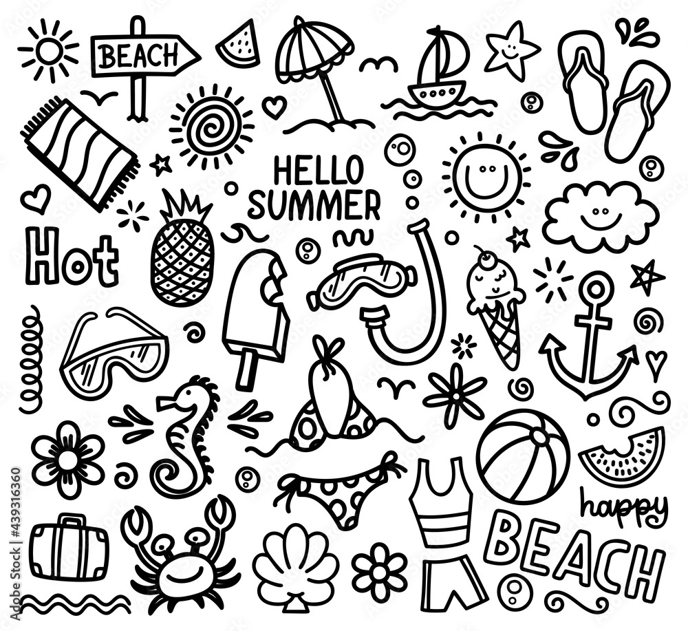 Summer doodle. Hand drawn summer icon set. Cute cartoon drawing ...