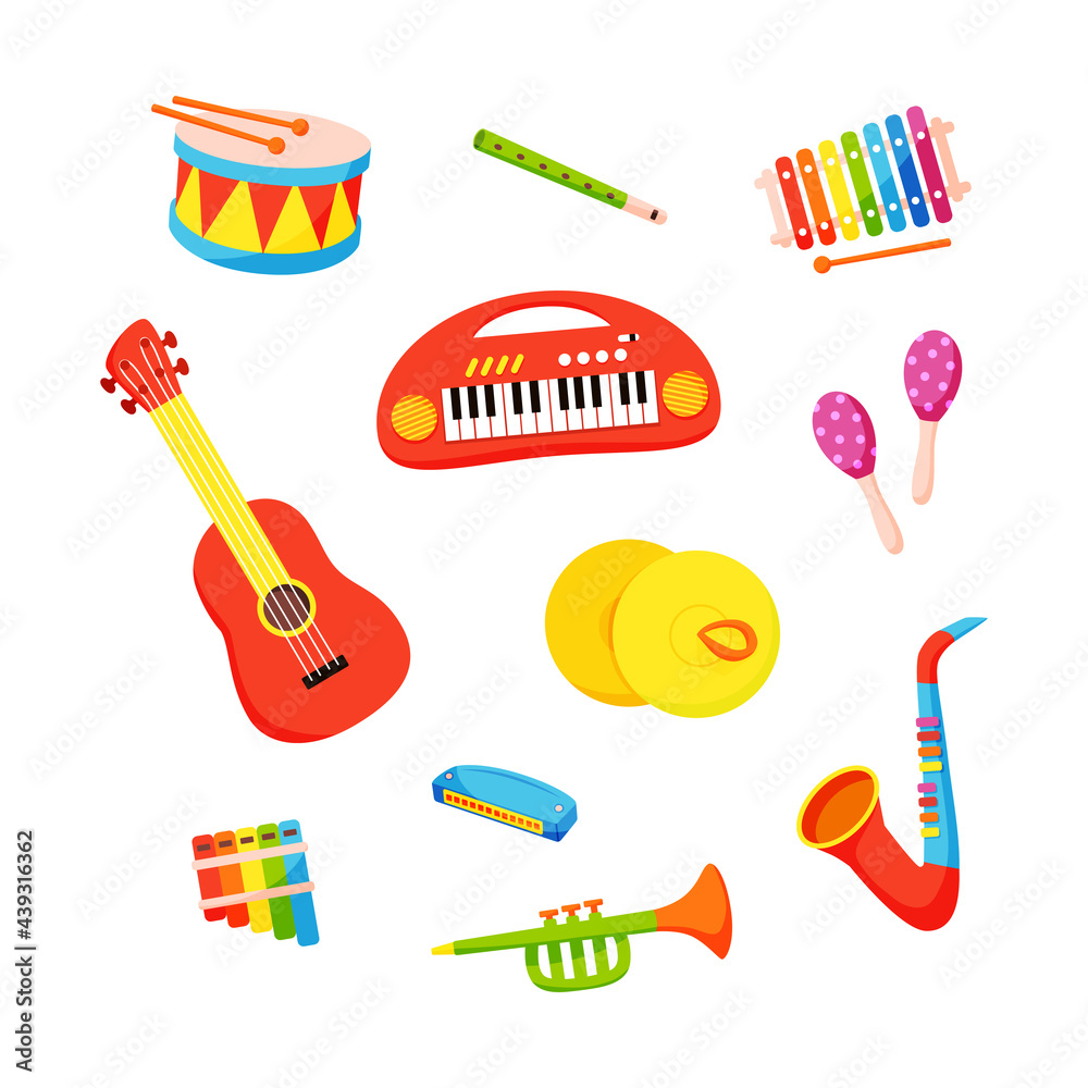 Vector set of kids musical instruments drawn in cartoon style. Isolated ...