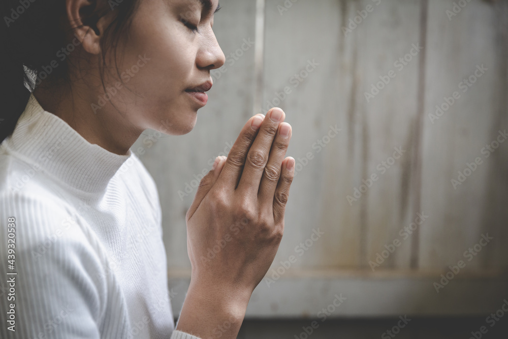 Pay respect, woman Praying hands with faith in religion. Namaste or ...