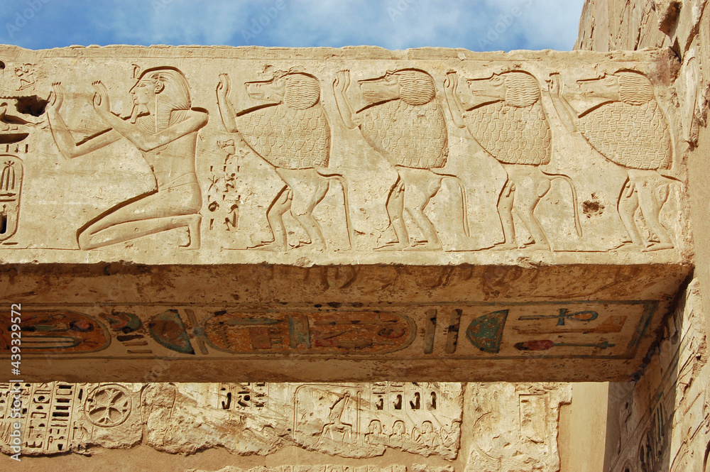 Medinet Habu Temple carving of Pharaoh Ramses II and Baboons Stock ...
