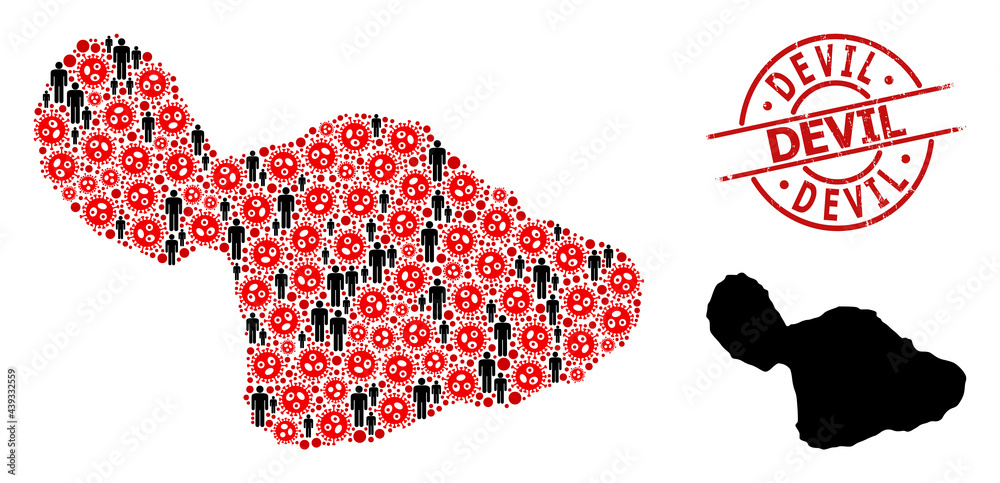 Collage map of Maui Island constructed from covid icons and people ...