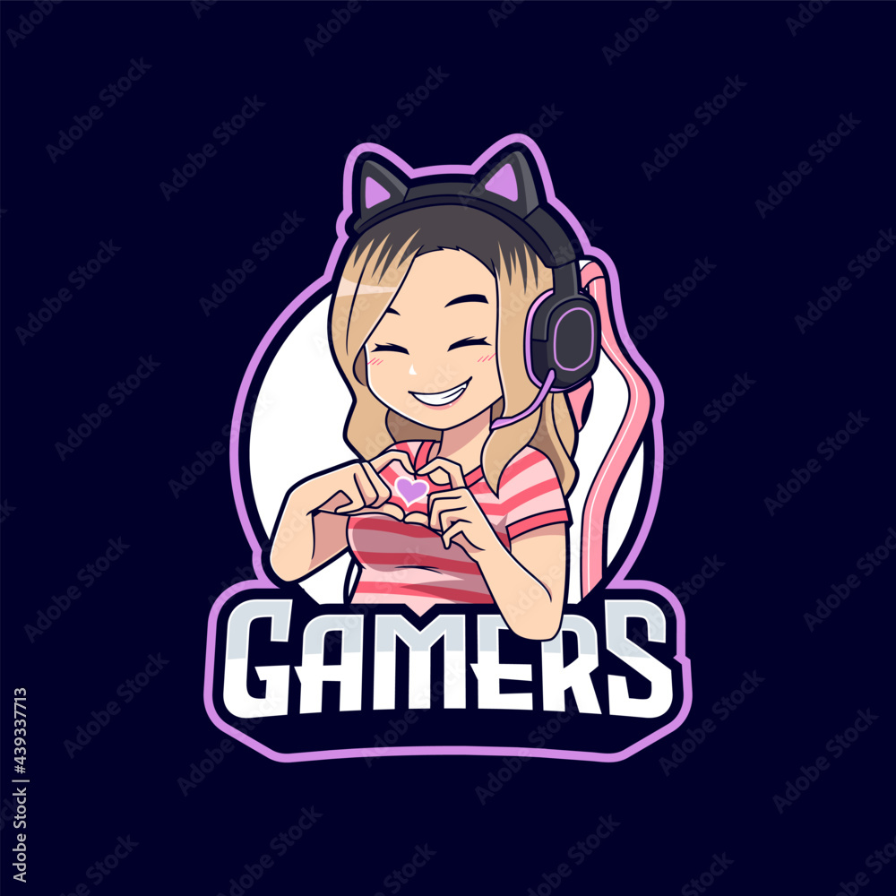 Cute gamer girl mascot cartoon character shows heart gesture suitable ...