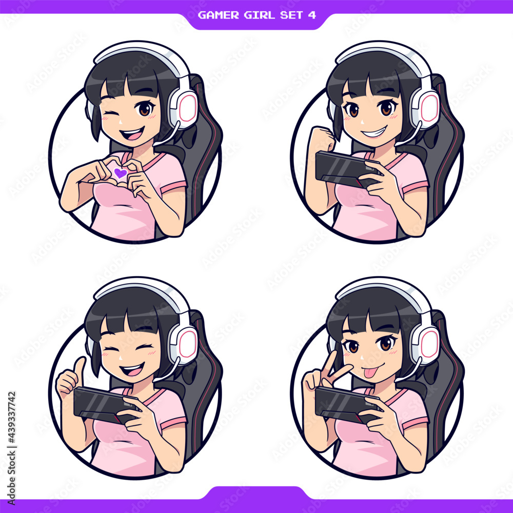 Set of cute anime gamer girl mascot cartoon suitable for gaming or ...