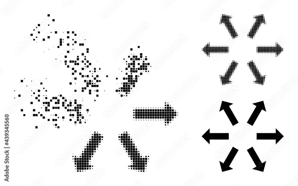 Dispersed dotted radial arrows glyph with wind effect, and halftone ...