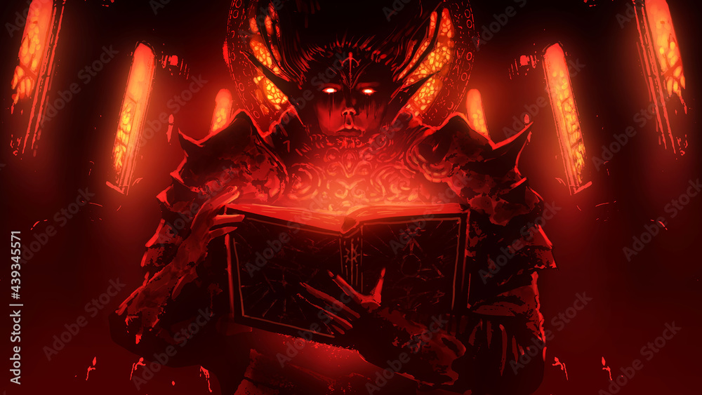A young demon in spiked sinister armor reads a sinister satanic book ...