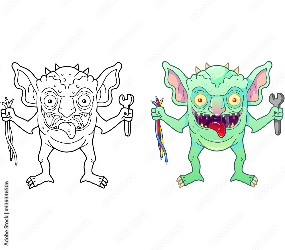 cartoon funny monster gremlin, coloring page, outline illustration ...