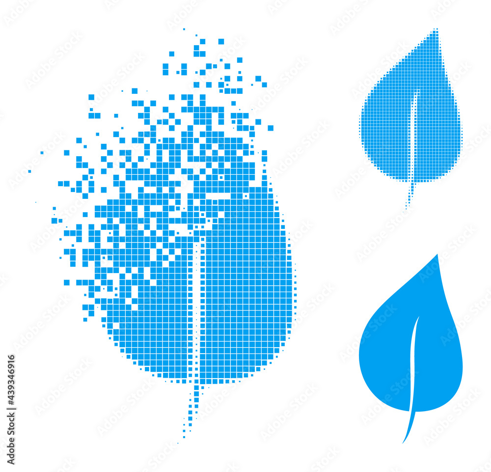 Dispersed pixelated plant leaf icon with wind effect, and halftone ...