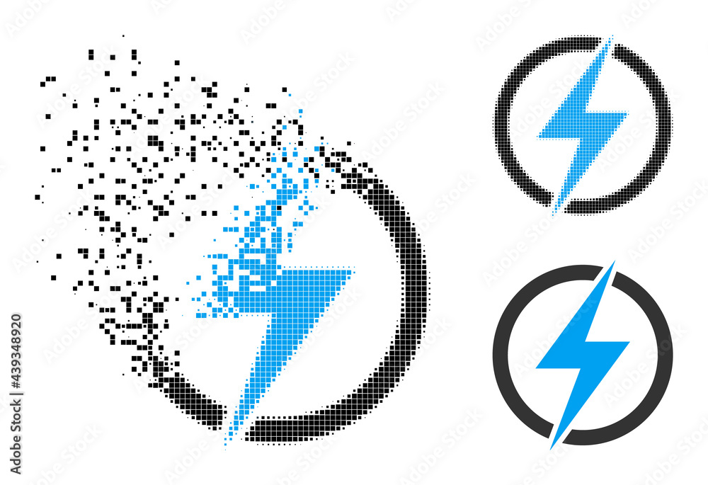 Dissipated pixelated electricity pictogram with destruction effect, and ...