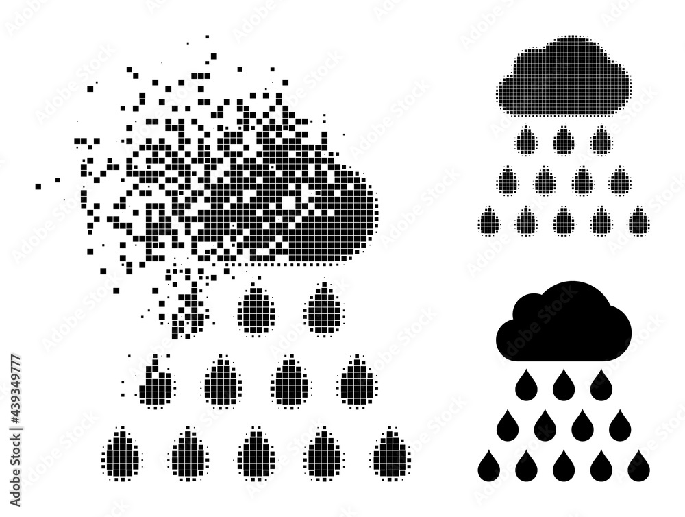Dispersed pixelated rain cloud icon with destruction effect, and ...