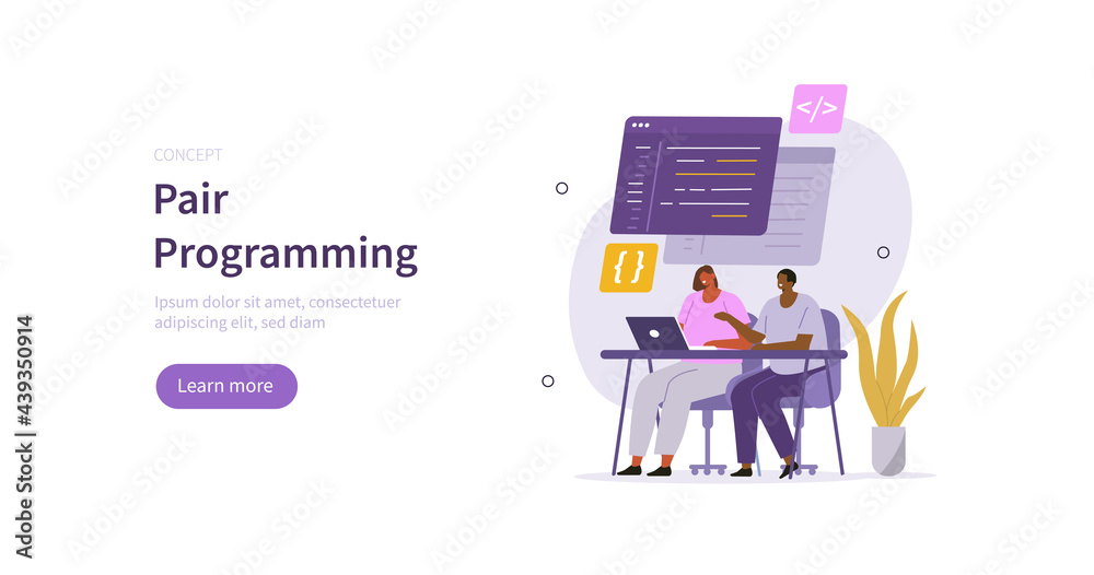 People characters programming together and discussing about their decisions. Developers team ...