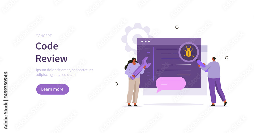 People characters reviewing program code. Developers team solving ...