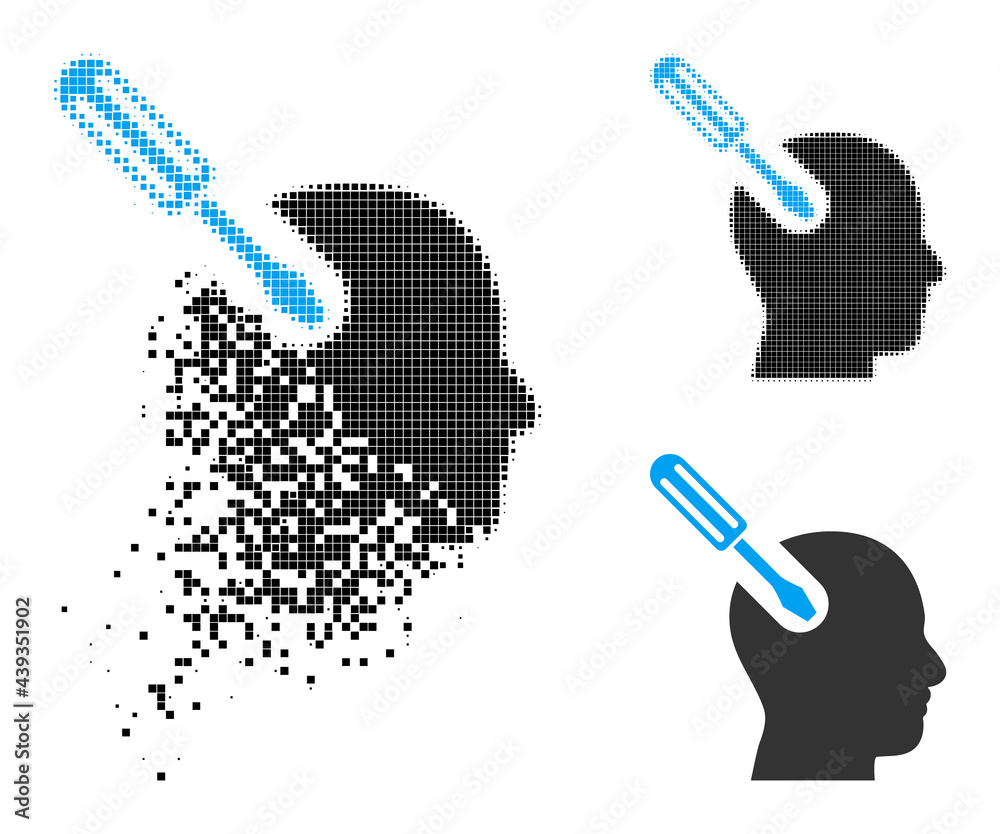 Disintegrating dotted brain tool pictogram with destruction effect, and ...